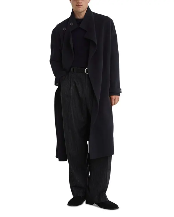 REISS Selation Wool Blend Tie Waist Long Overcoat - Navy
