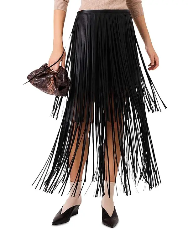 Maje Fringed Faux Leather Skirt