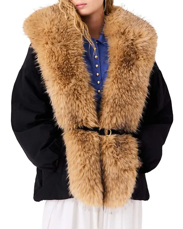 Maje Faux Fur Collar Belted Parka