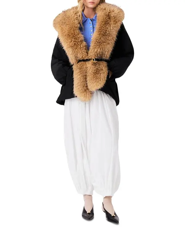 Maje Faux Fur Collar Belted Parka