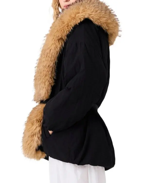 Maje Faux Fur Collar Belted Parka