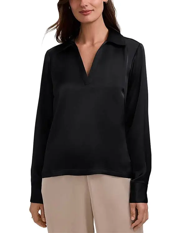 Foxcroft Talia Long Sleeve Polo Top - Black