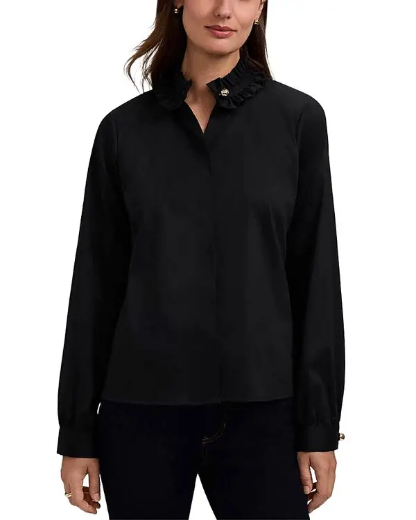 Foxcroft Colette Ruffle Trim Sateen Blouse - Black