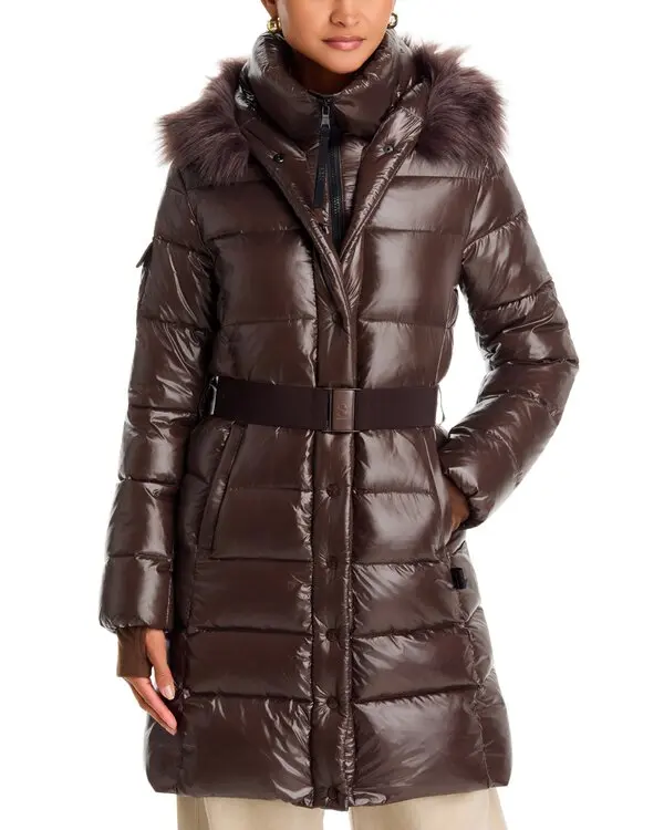 Aqua Faux Fur Trimmed Hooded Puffer Coat Exclusive - Espresso/brown