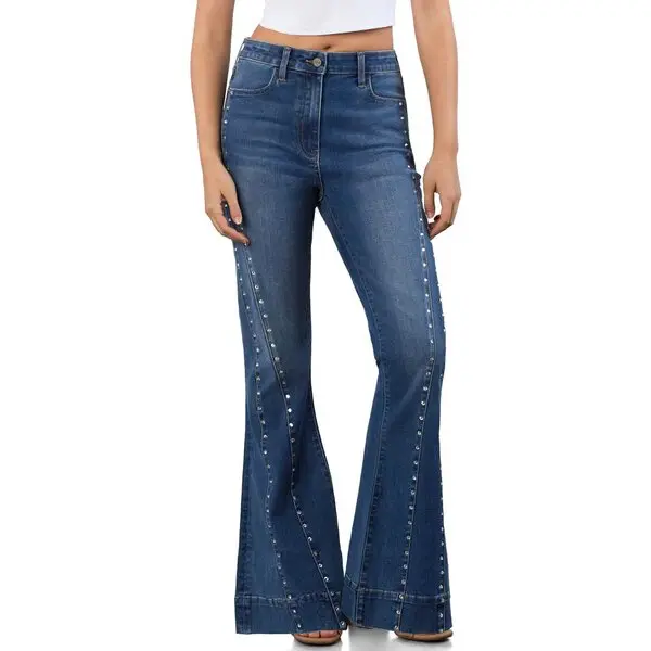 HINT OF BLU Retro Seam & Bling Flare Leg Jeans - Cali Blu