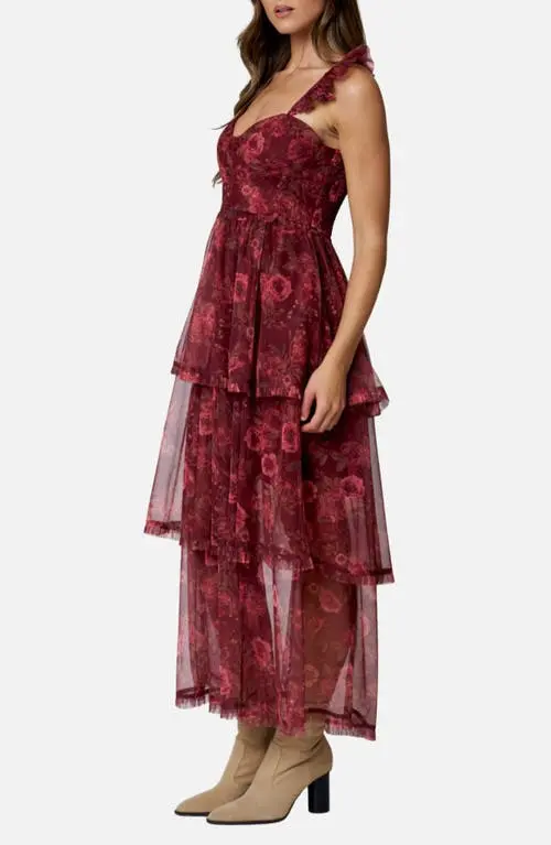 BLU PEPPER Floral Print Ruffle Strap Tiered Maxi Dress - Burgundy Multi