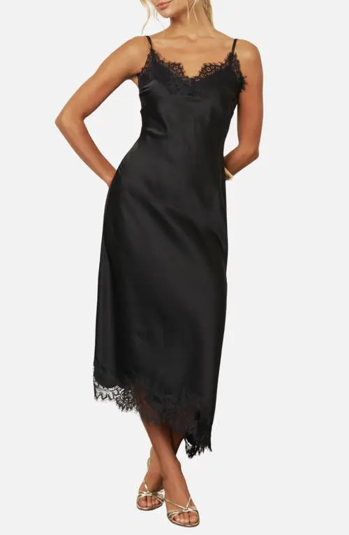 BLU PEPPER Lace Trim Satin Midi Dress - Black
