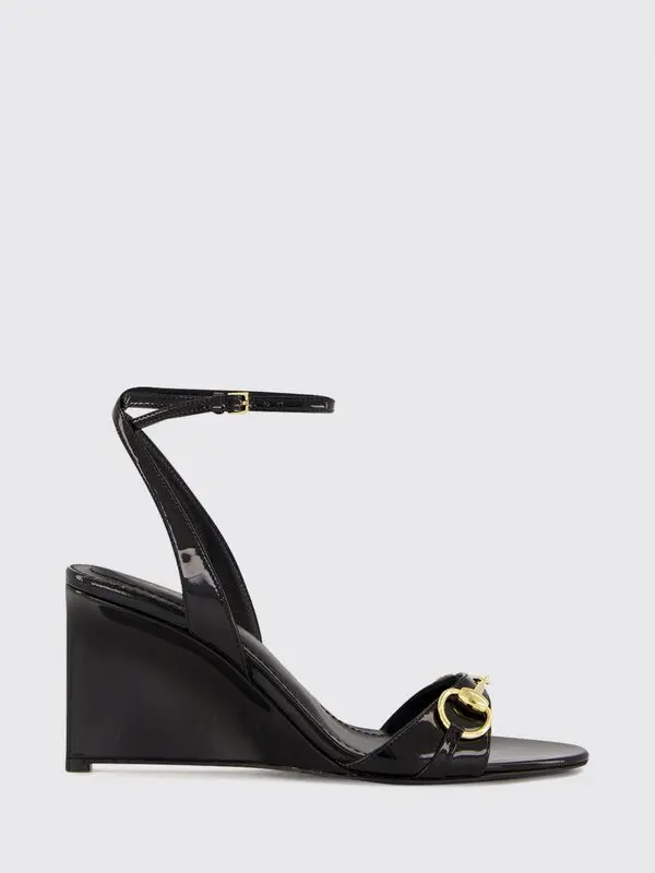 Gucci High Wedge Sandals In Patent Leather With Horsebit Detail And Strap - Black