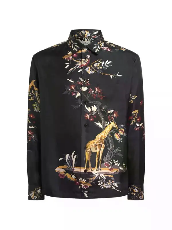 Etro Silk Twill Shirt With Placed Flower And Animal Print - Black
