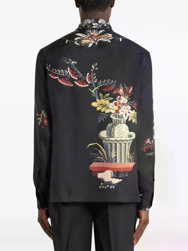 Etro Silk Twill Shirt With Placed Flower And Animal Print