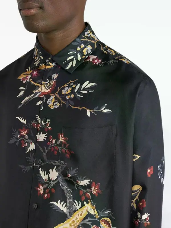 Etro Silk Twill Shirt With Placed Flower And Animal Print