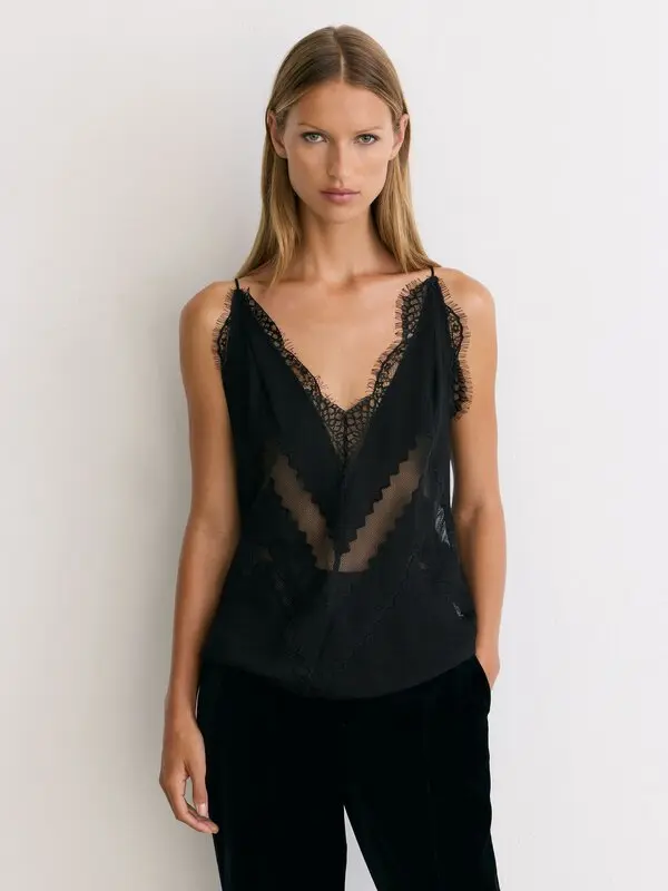 REISS Sisley Lace-trim Mesh-detail Cami Top