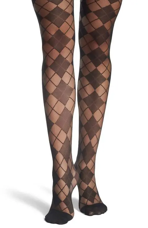 MEMOI Classic Argyle Sheer Tights - Black