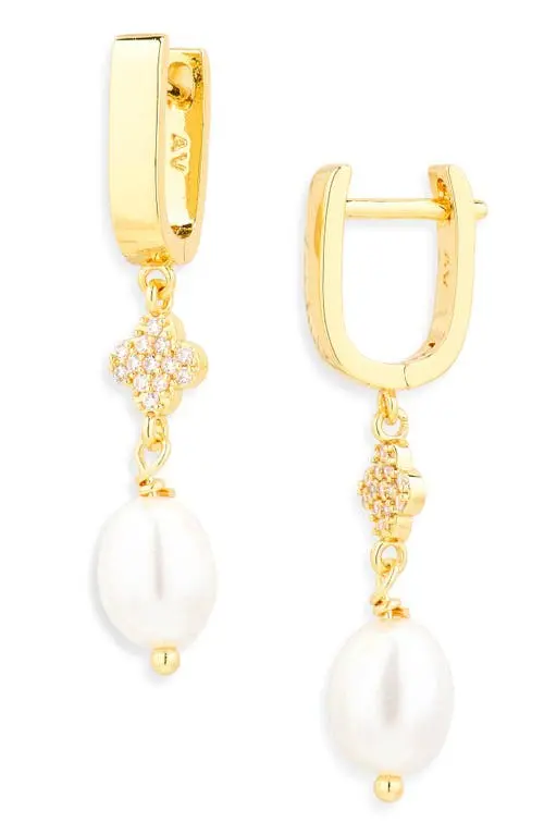 Argento Vivo Maria Imitation Pearl Clover Drop Huggie Hoop Earrings - Gold