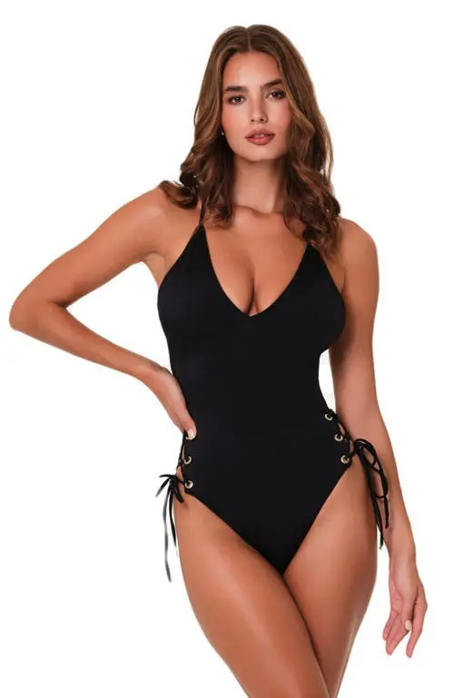 CHERINA  BEACHWEAR Cherina Beachwear Ibiza Plunging V Neckline With Gold Eyelets Adjustable Lace-up One-piece Swimsuit - Black
