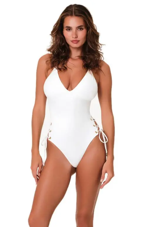 CHERINA  BEACHWEAR Cherina Beachwear Ibiza Plunging V Neckline With Gold Eyelets Adjustable Lace-up One-piece Swimsuit - White