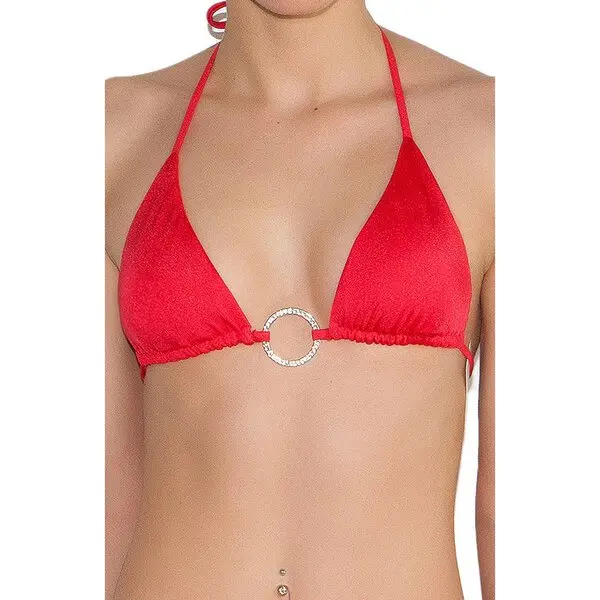CHERINA  BEACHWEAR Cherina Beachwear Iris Retro Signature Gold Circular Trim Triangle Bikini Top - Red