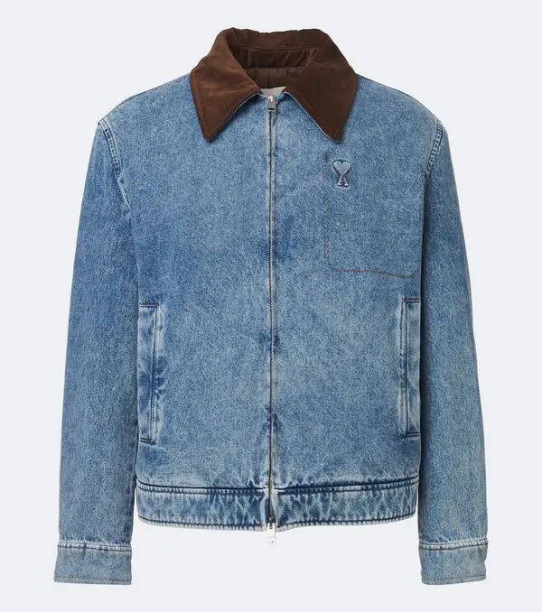 AMI Paris De Coeur Corduroy-trimmed Denim Jacket