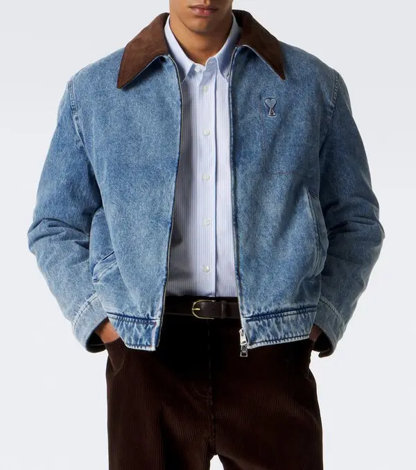 AMI Paris De Coeur Corduroy-trimmed Denim Jacket