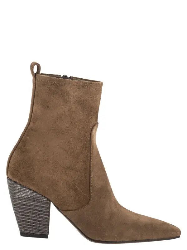 Brunello Cucinelli Suede Ankle Boots With Jewelled Heel - Multicolor