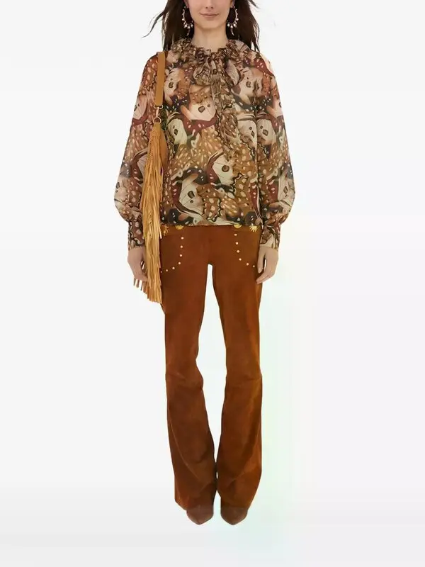 Farm Rio Butterfly-print Ruffled Blouse - Brown