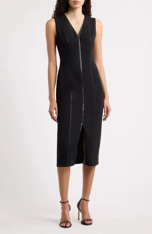 Maggy London Leather Trim Sleeveless Midi Dress - Black