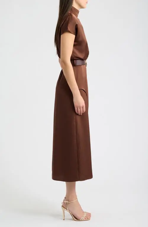 ZOE AND CLAIRE Belted Mock Neck Satin Midi Dress
