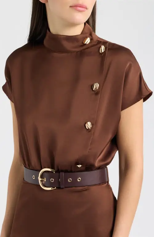 ZOE AND CLAIRE Belted Mock Neck Satin Midi Dress
