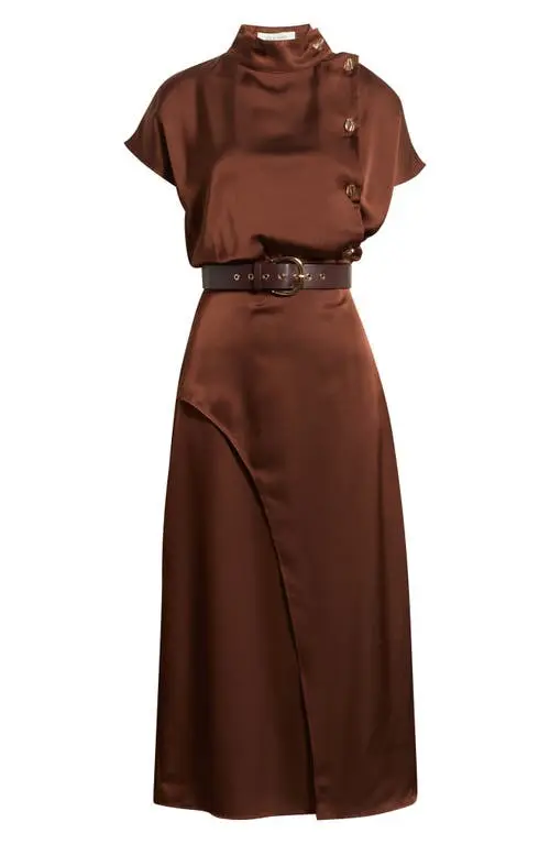 ZOE AND CLAIRE Belted Mock Neck Satin Midi Dress
