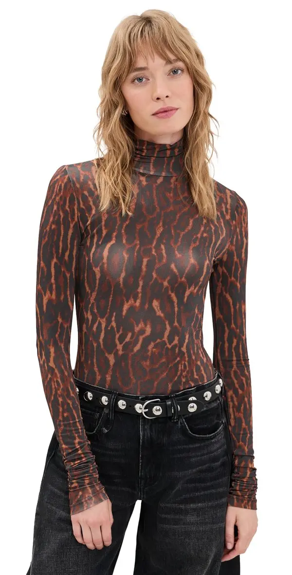 GANNI Printed Shiny Jersey Turtleneck
