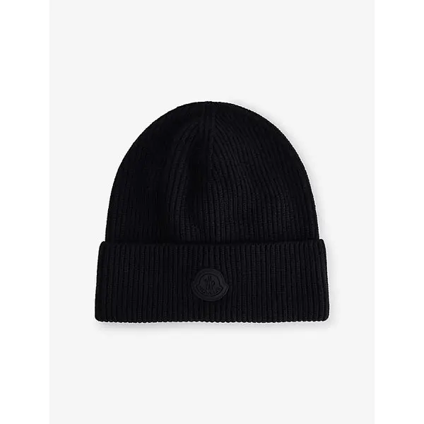 Moncler Contrast Badge Wool Beanie - Black