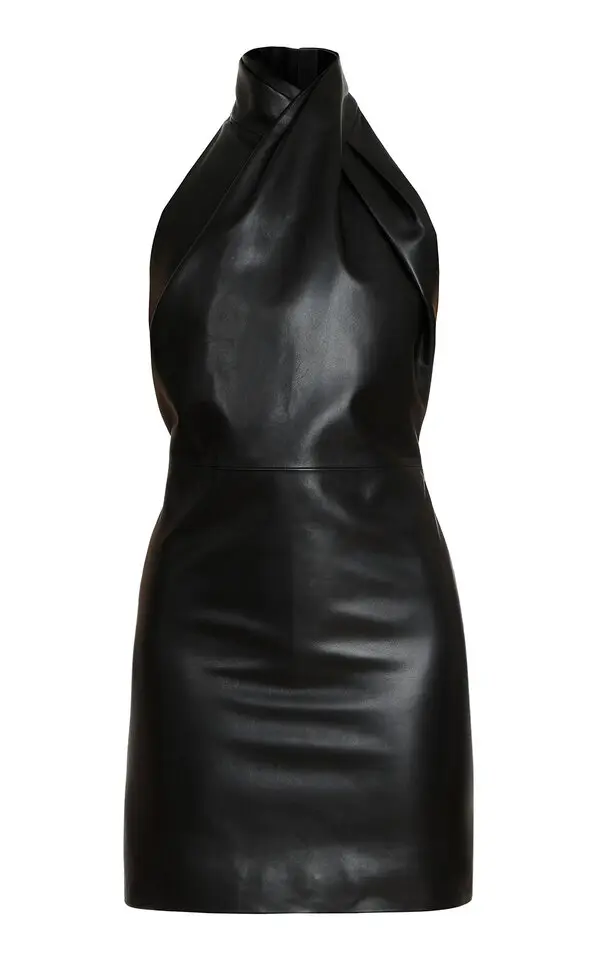 Balmain Draped Leather Mini Halter Dress