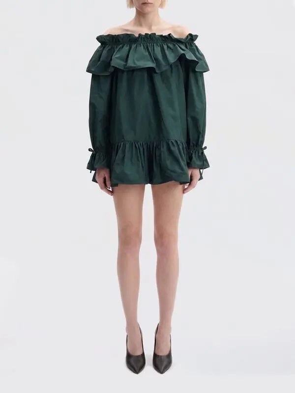 Saint Laurent A-line Mini Dress In Embroidered Cotton Poplin With Ruffles - Green
