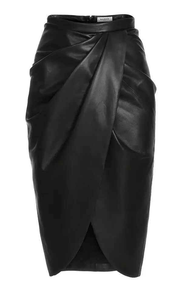 Balmain High-waisted Draped Leather Midi Skirt