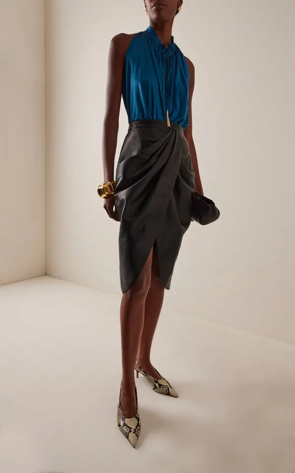 Balmain High-waisted Draped Leather Midi Skirt