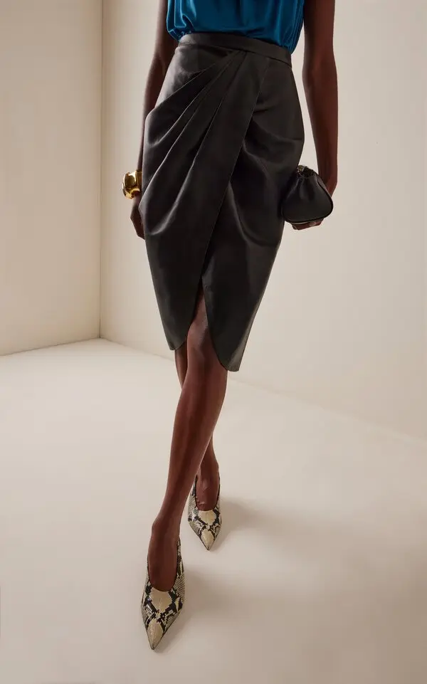 Balmain High-waisted Draped Leather Midi Skirt