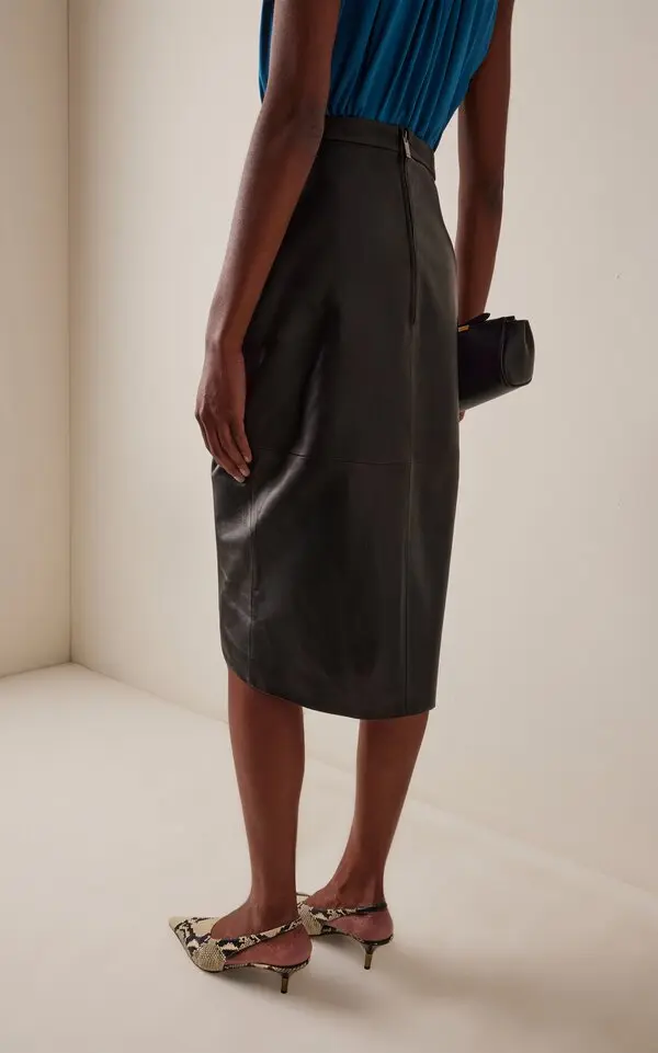 Balmain High-waisted Draped Leather Midi Skirt