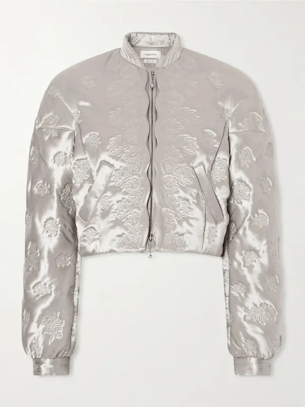 Alexander McQueen Cropped Padded Floral-embroidered Satin Jacket