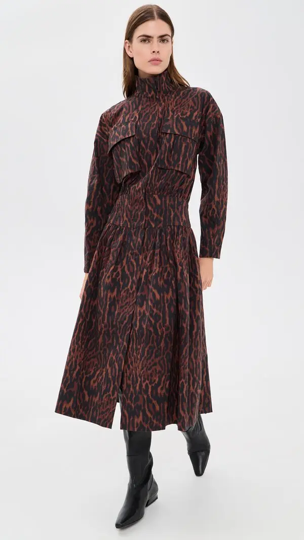 GANNI Printed Stretch Cotton Long Utility Dress - Rawhide