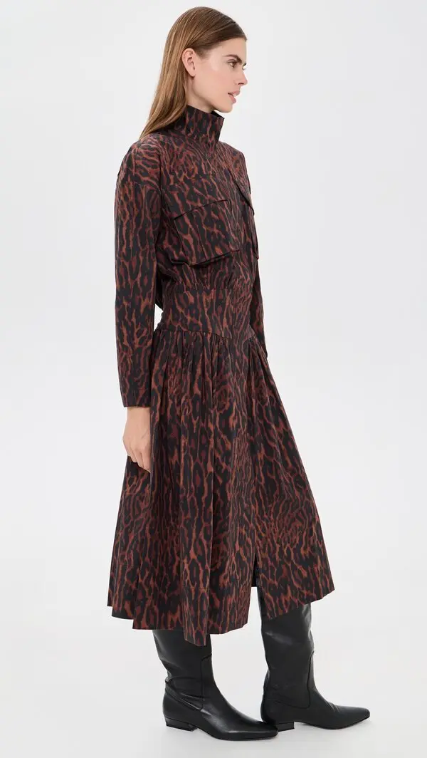 GANNI Printed Stretch Cotton Long Utility Dress - Rawhide