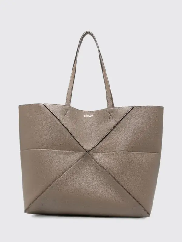 Loewe Large Puzzle Fold Calfskin Leather Tote Bag With Laminated Logo - Gray