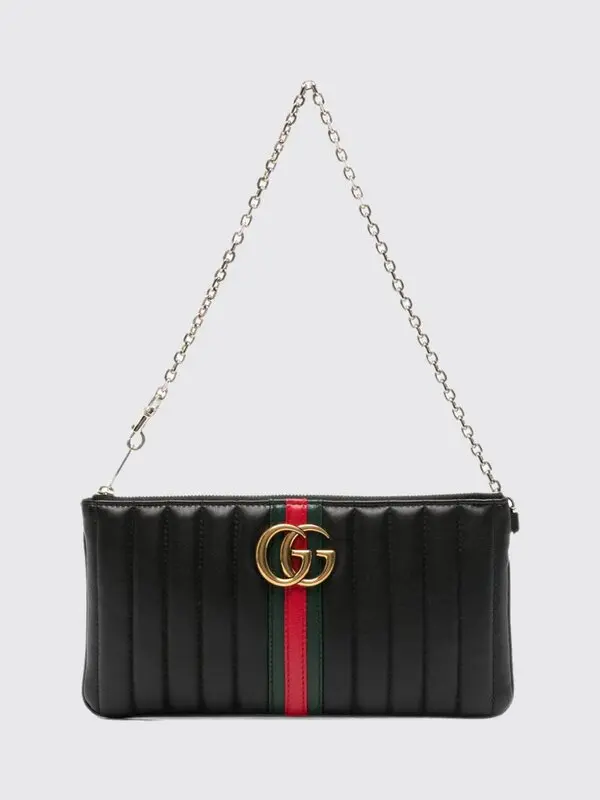 Gucci Gg Marmont Quilted Lambskin Leather Shoulder Bag With Web Stripe - Black