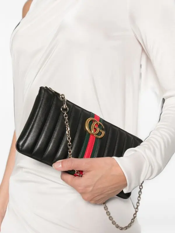 Gucci Gg Marmont Quilted Lambskin Leather Shoulder Bag With Web Stripe - Black