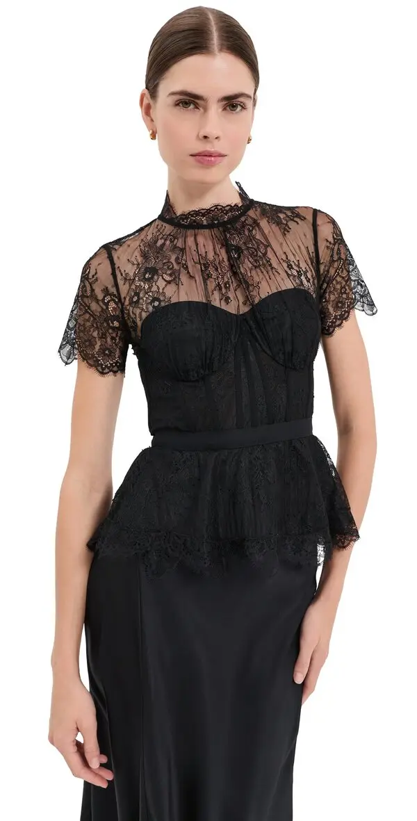 Simkhai Kehlani Lingerie Lace Short Sleeve Bustier Top - Black