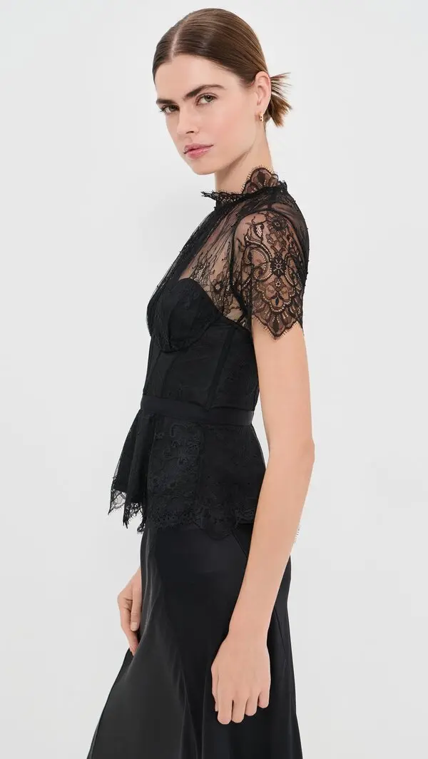 Simkhai Kehlani Lingerie Lace Short Sleeve Bustier Top - Black