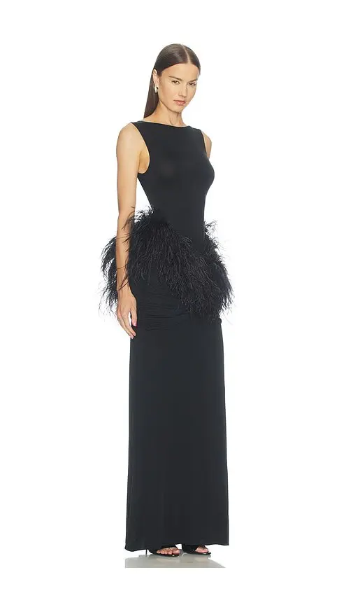 Lapointe Jersey Long Sleeve Shirred Hip Gown With Feathers