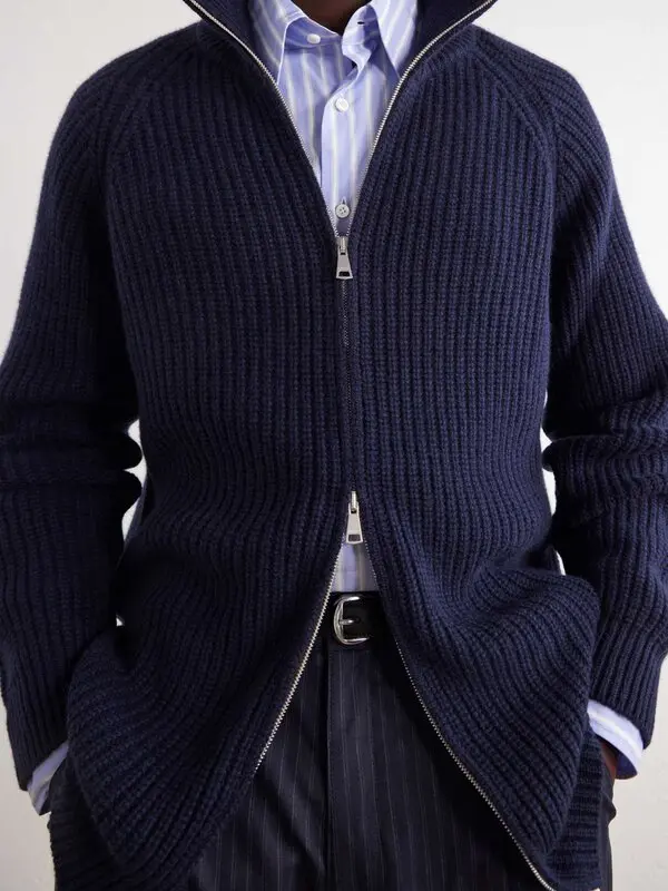 GHIAIA Barracuda Ribbed-knit Cashmere Zip-up Sweater