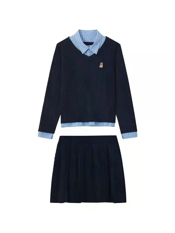 CHOCOOLATE Cable-knit Sweater And Pleated Skirt Set - Blue