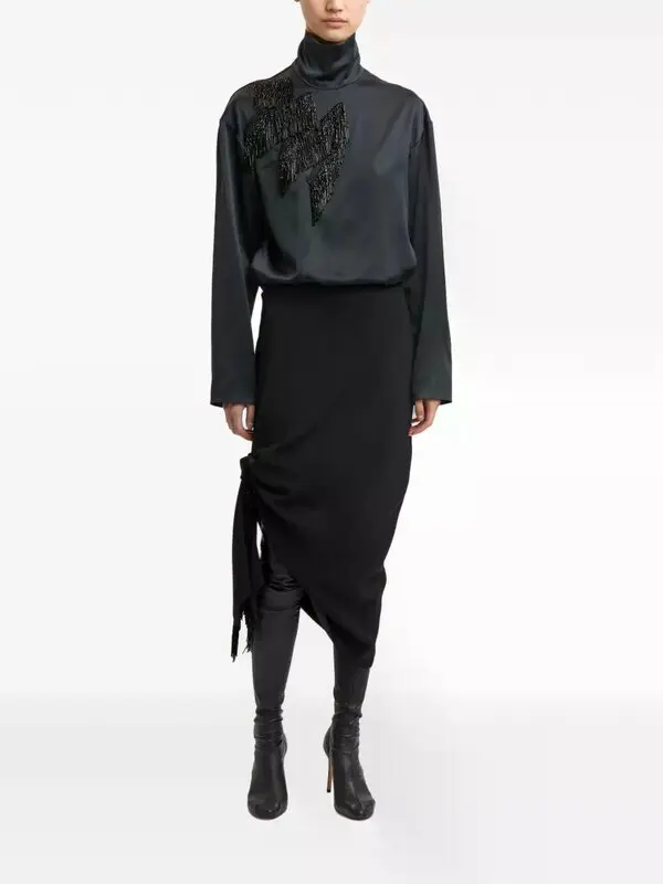 16Arlington Ofanto Draped Fringe-trimmed Midi Skirt