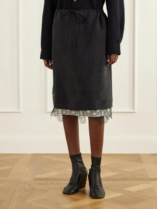 Studio Nicholson Alder Lace-trimmed Lyocell-twill Knee Skirt